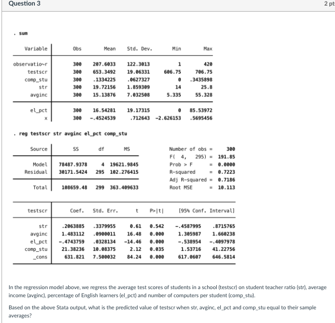 Solved Question 3 2 pt sum Variable Obs Mean Std. Dev. Min | Chegg.com