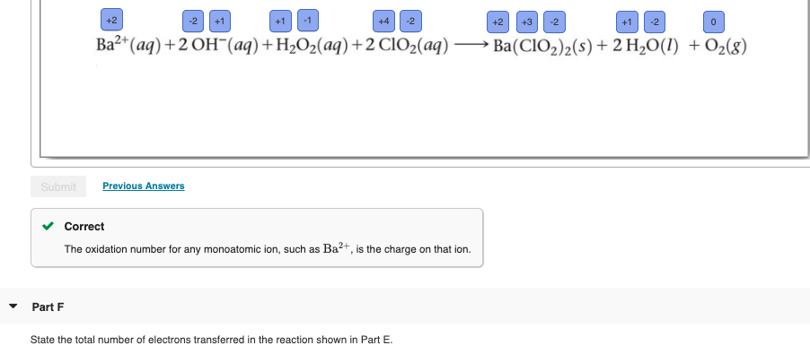 Solved +2 +4 -2 Ba2+ (aq) + 2 OH"(aq) +H2O2(aq) +2 ClO2(aq) | Chegg.com