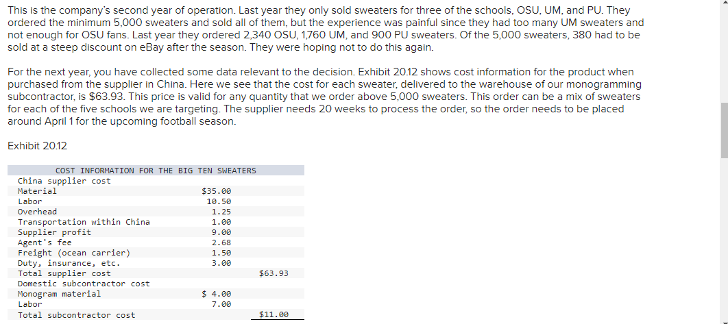 Analytics Exercise 20-1 (Algo) Big10Sweaters.com is a | Chegg.com