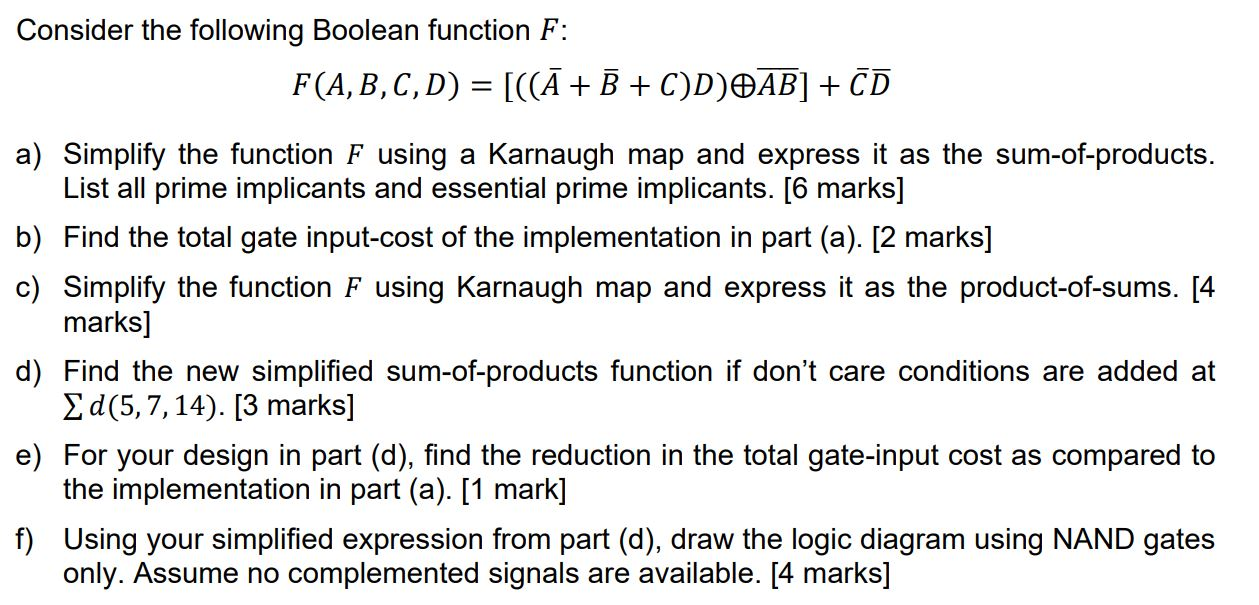 Solved Consider the following Boolean function F: F(A,B,C,D) | Chegg.com