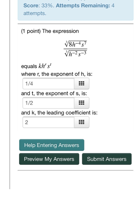 Solved Score: 33%. Attempts Remaining: 4 attempts. (1 point) | Chegg.com