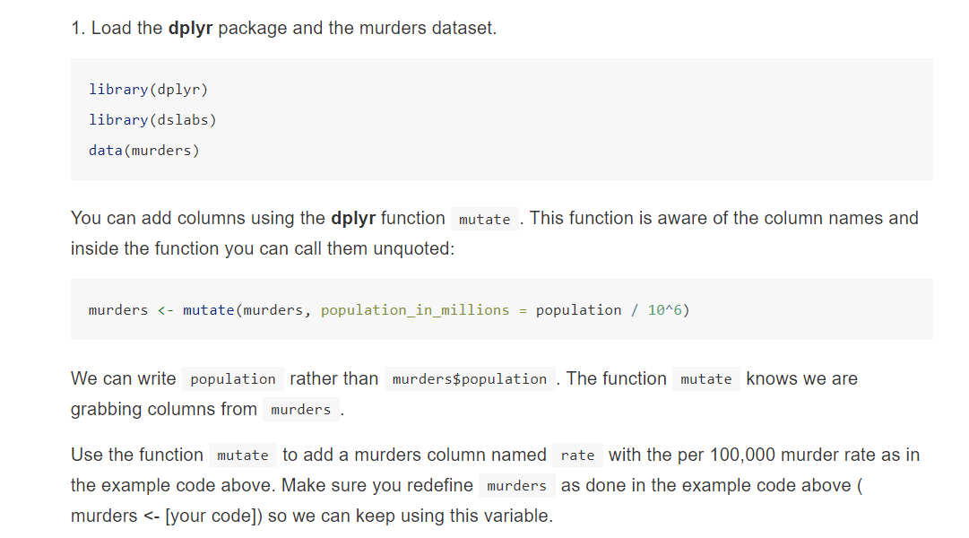 Solved 1. Load the dplyr package and the murders dataset. | Chegg.com