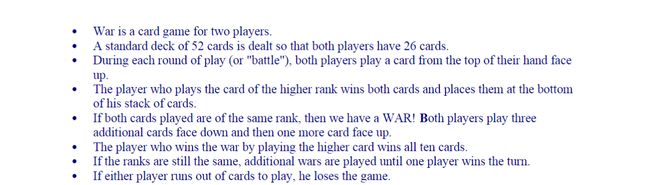 Solved . . War is a card game for two players. A standard | Chegg.com