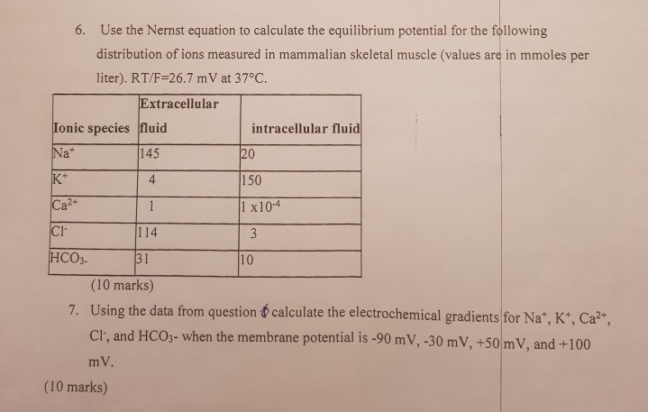 6. Use the Nernst equation to calculate the | Chegg.com