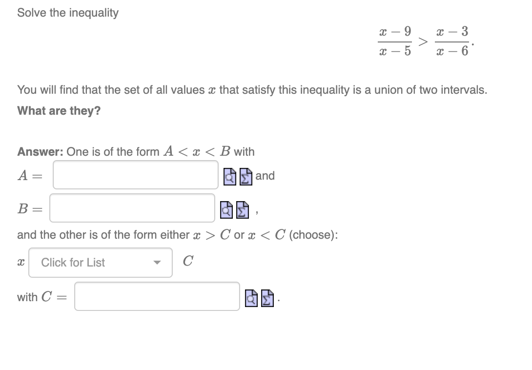 Solved Solve the inequality x−5x−9>x−6x−3 You will find that | Chegg.com