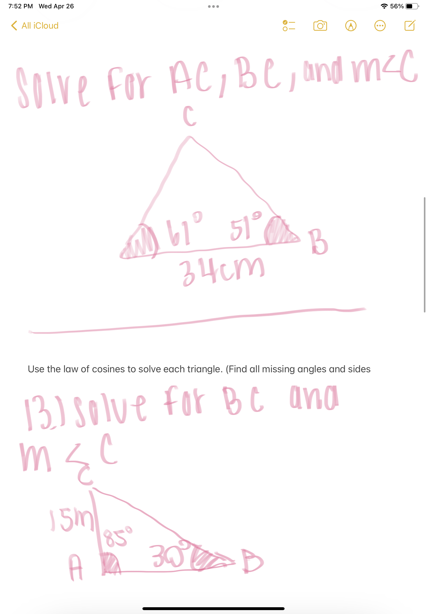 Solved Solve for AC,BC, and m∠C Use the law of cosines to | Chegg.com