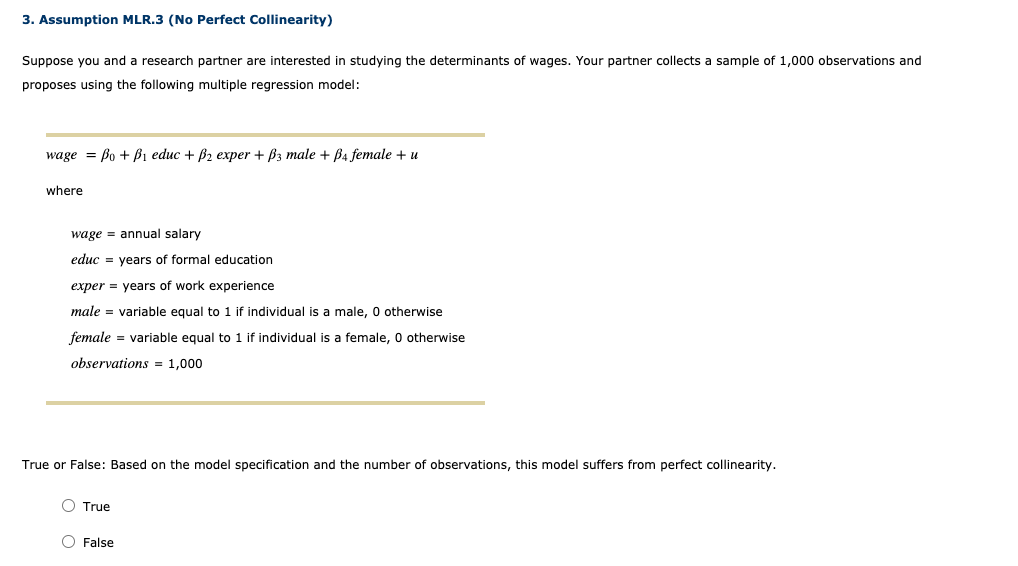Solved 3. Assumption MLR.3 (No Perfect Collinearity) Suppose | Chegg.com