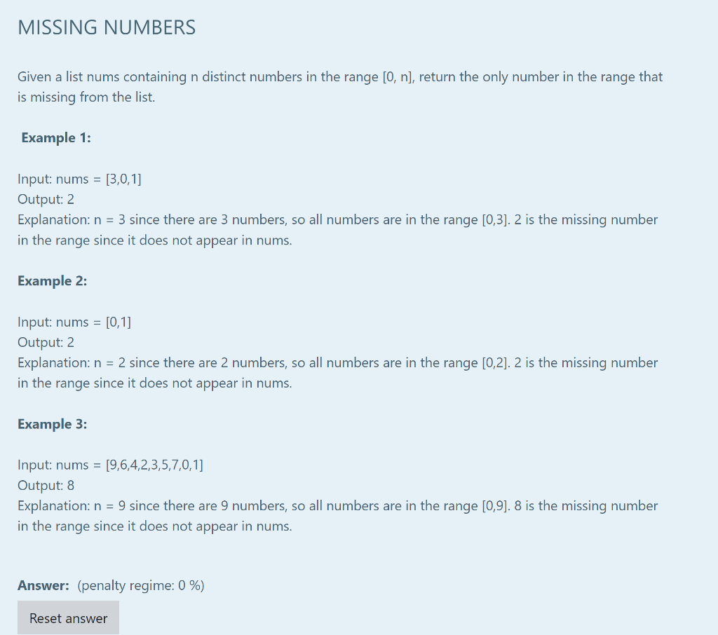 Solved MISSING NUMBERS Given a list nums containing n | Chegg.com