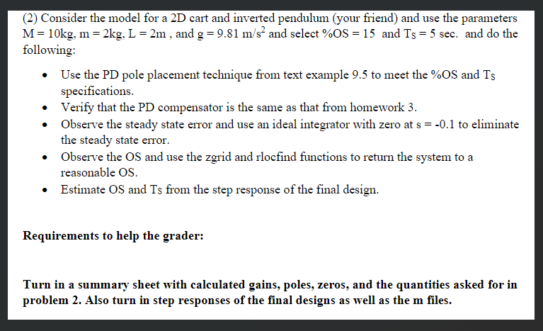 Solved (2) Consider the model for a 2D cart and inverted | Chegg.com