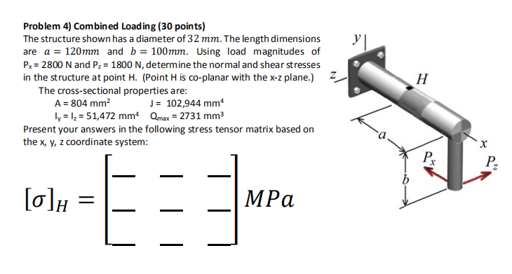 Solved y 기 H Problem 4) Combined Loading (30 points) The | Chegg.com