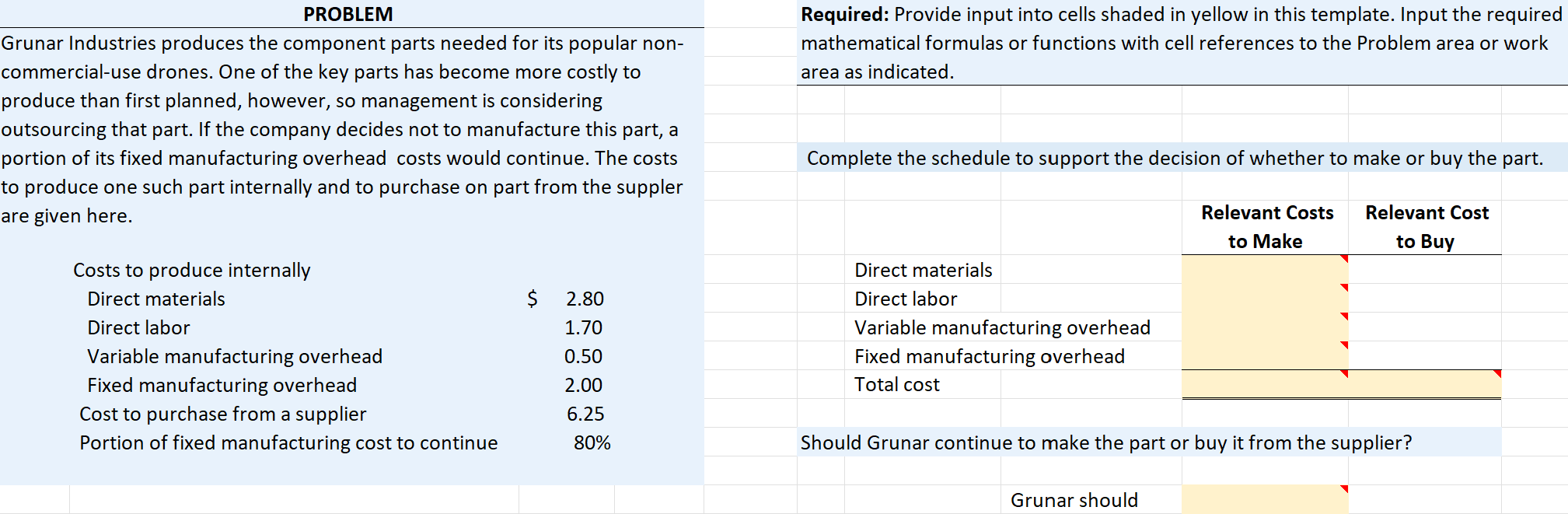 Solved PROBLEM Required: Provide input into cells shaded in | Chegg.com