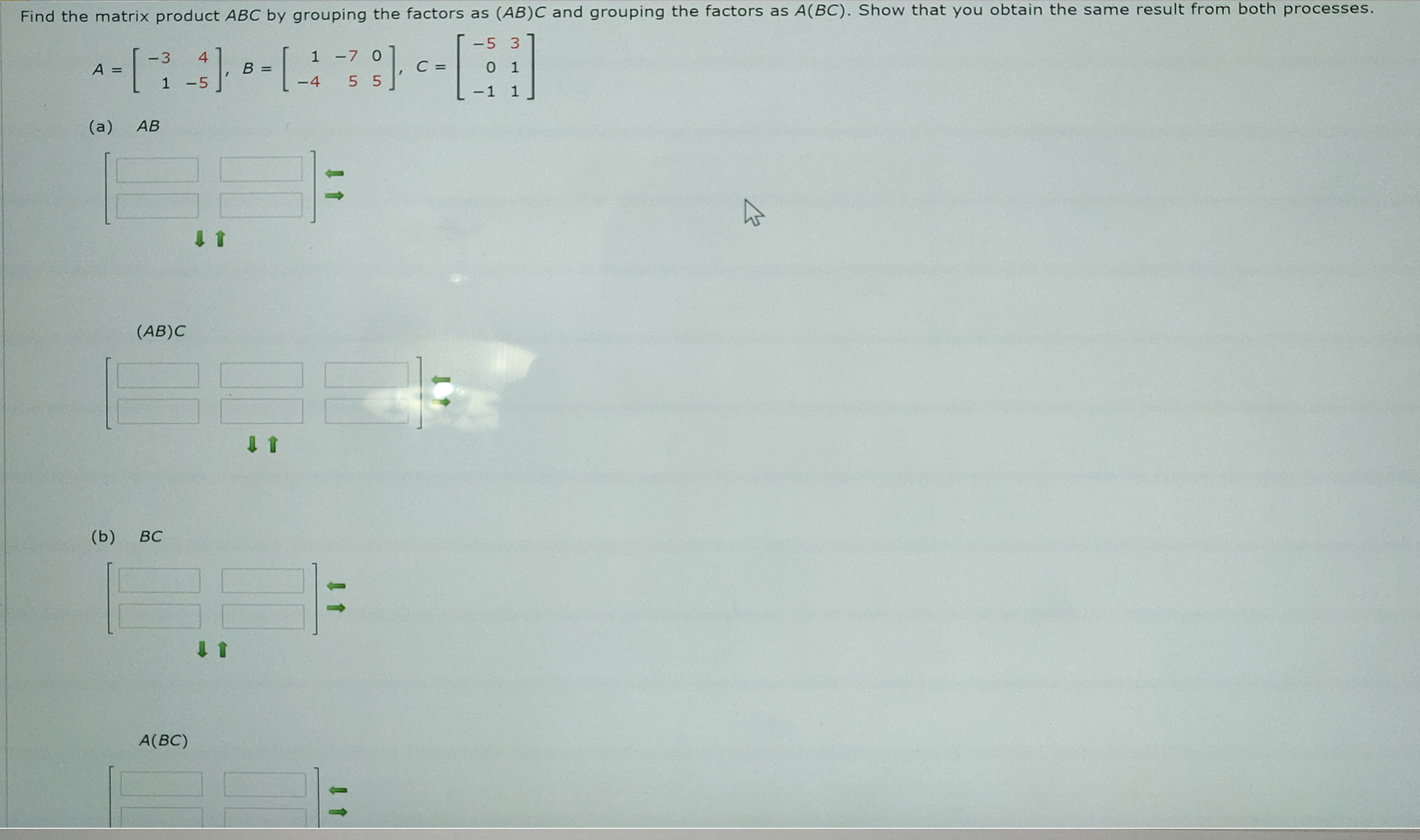Solved Find the matrix product ABC by grouping the factors | Chegg.com