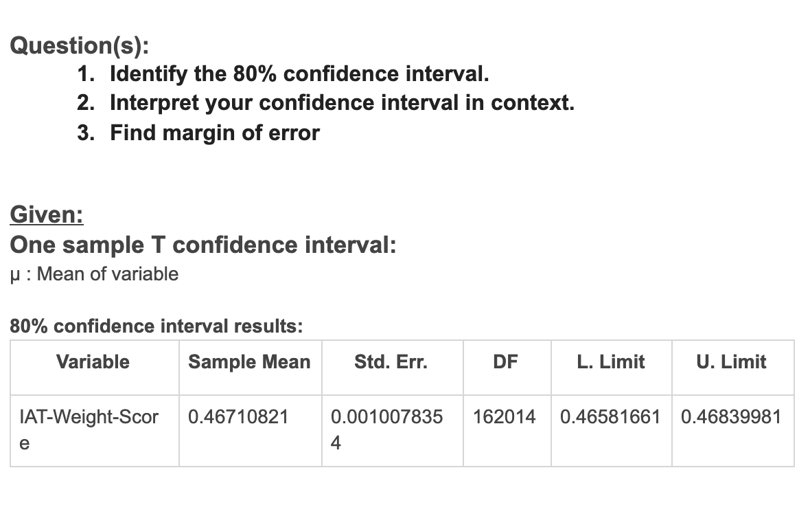 Solved Question(s): 1. Identify the 80% confidence interval. | Chegg.com