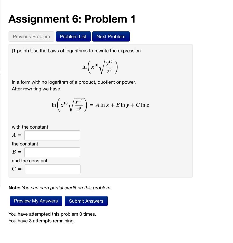 Solved (1 point) Use the Laws of logarithms to rewrite the | Chegg.com