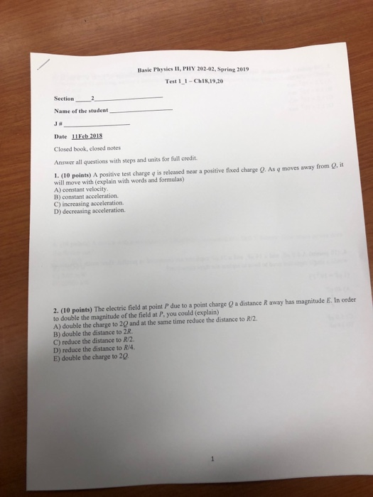 Solved Basic Physics II, PHY 202-02, Spring 2019 Test | Chegg.com