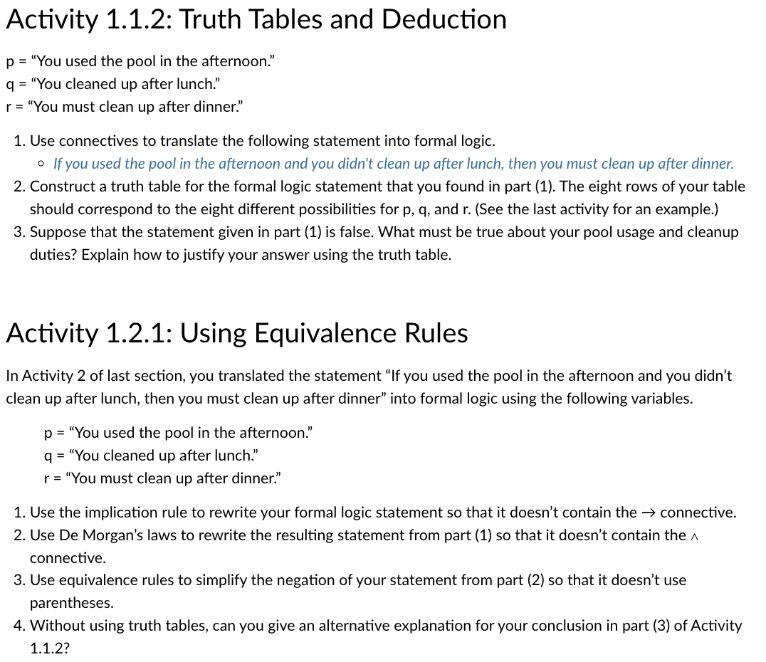 Solved Activity 1.1.2: Truth Tables and Deduction p= "You | Chegg.com