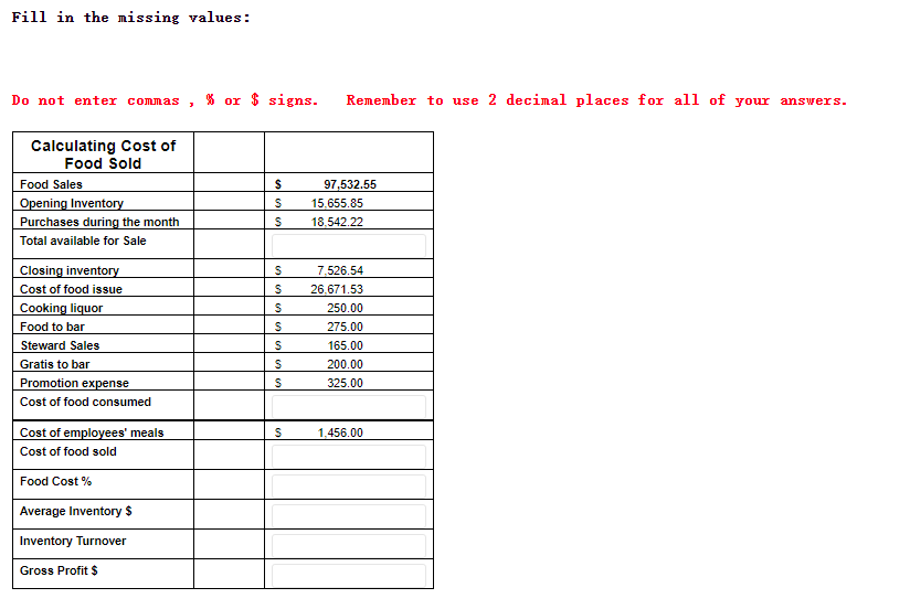 Solved Fill in the missing values: Do not enter commas % or | Chegg.com