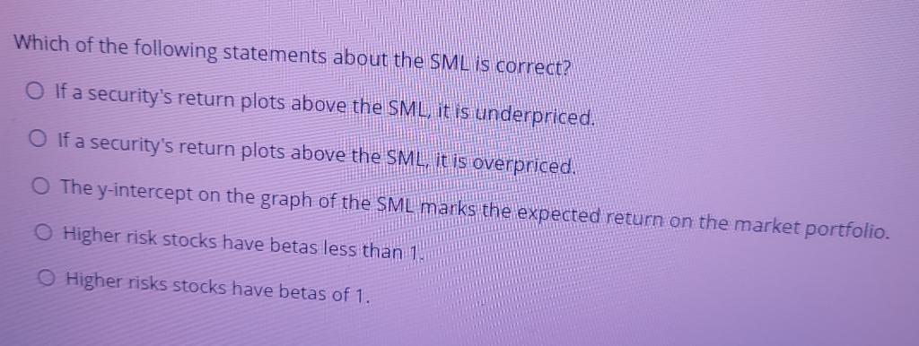 Solved Which of the following statements about the SML is | Chegg.com