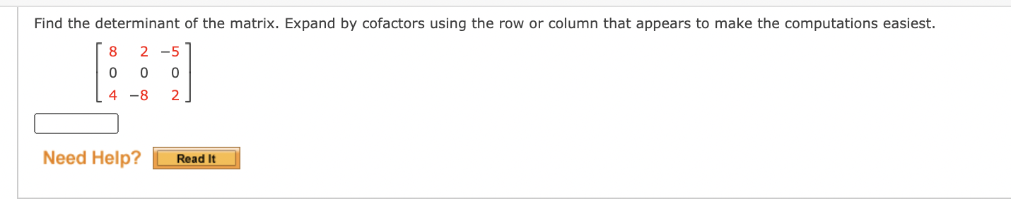 Solved Find the determinant of the matrix. Expand by | Chegg.com