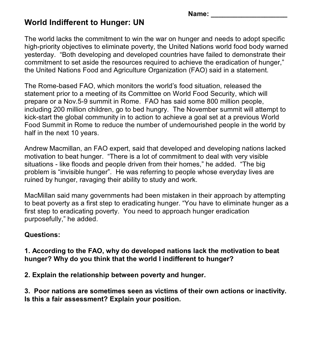 Solved Name:World Indifferent to Hunger: UNThe world lacks | Chegg.com