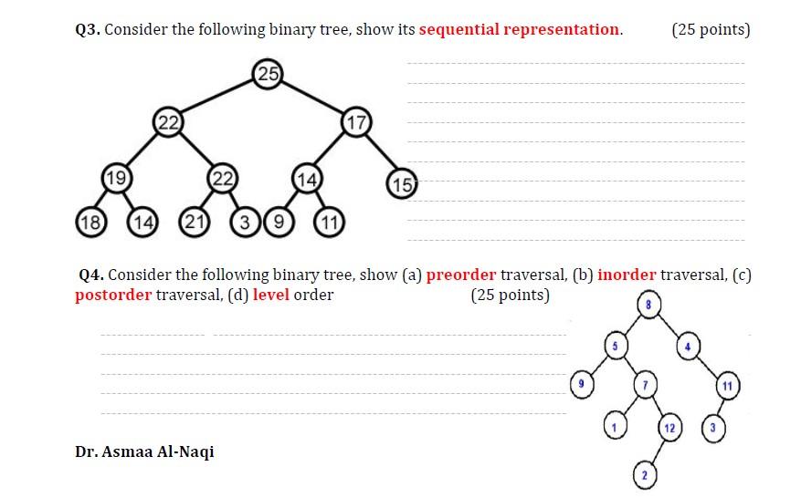 Solved Q3. Consider the following binary tree, show its | Chegg.com