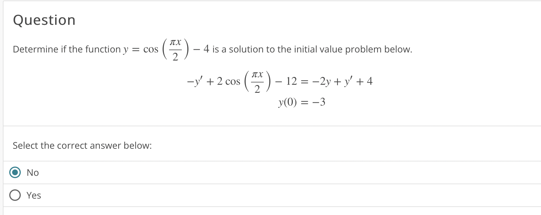 Solved Determine if the function y=cos(2πx)−4 is a solution | Chegg.com