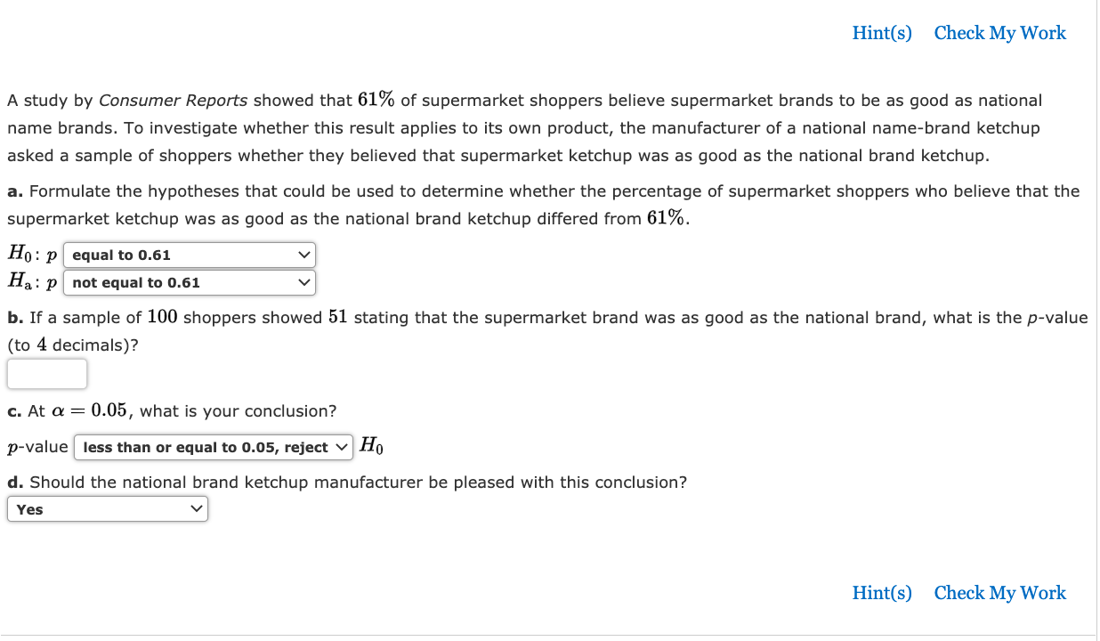 Solved Hint(s) Check My Work A study by Consumer Reports | Chegg.com