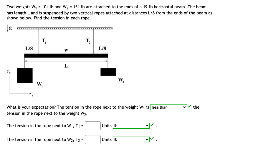 Solved Two weights W4 = 104 lb and W2 = 151 lb are attached | Chegg.com