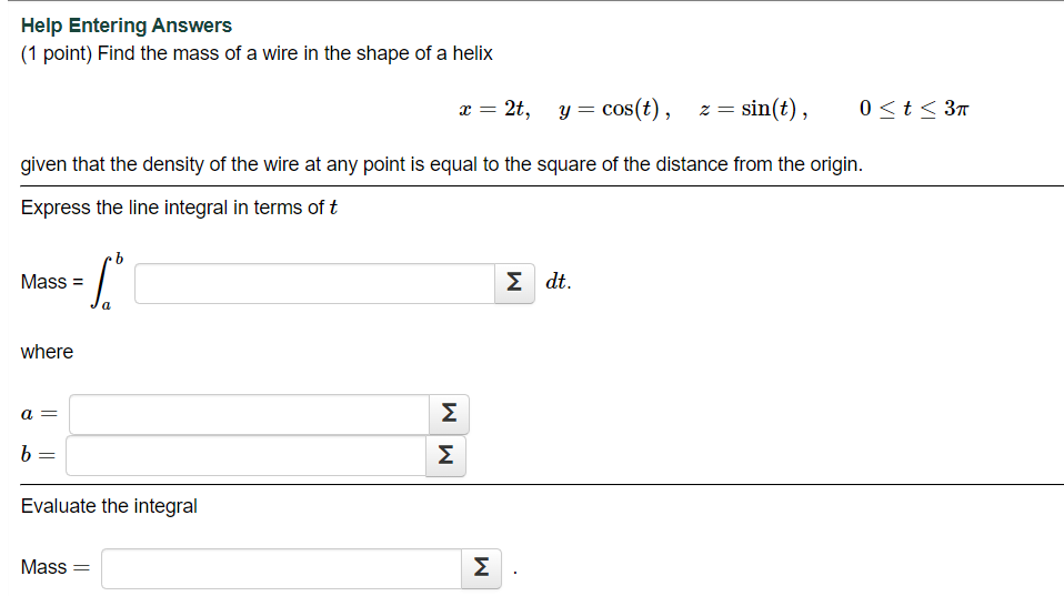 Solved Help Entering Answers (1 point) Find the mass of a | Chegg.com