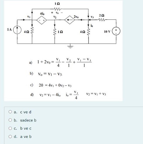Solved a) 1+2v0=4v1−1v2+1v1−v3 b) v0=v1−v3 c) 20=4v1+0v2−v3 | Chegg.com