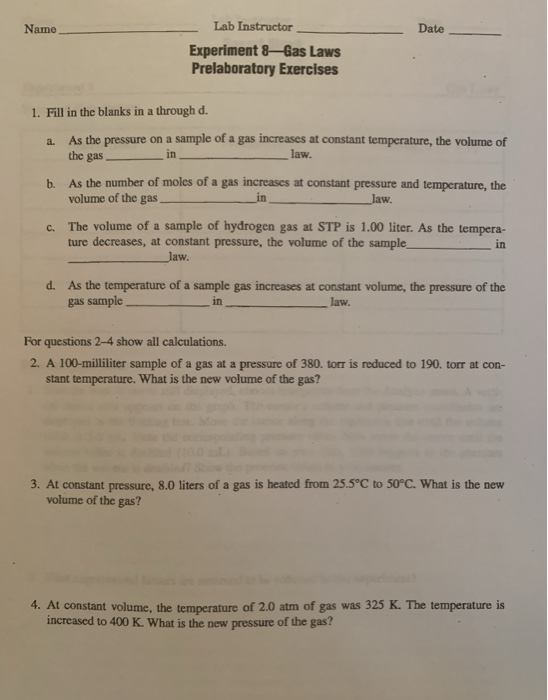Solved Lab Instructor Date Name Experiment 8-Gas Laws | Chegg.com