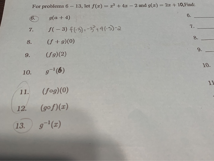 Solved For problems 6- 13, let f(x) = x2 + 4x - 2 and g(x) | Chegg.com