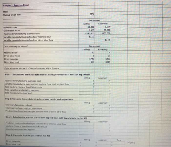 Solved Chapter 2: Applying Excel Data 75% Markup on job cost | Chegg.com