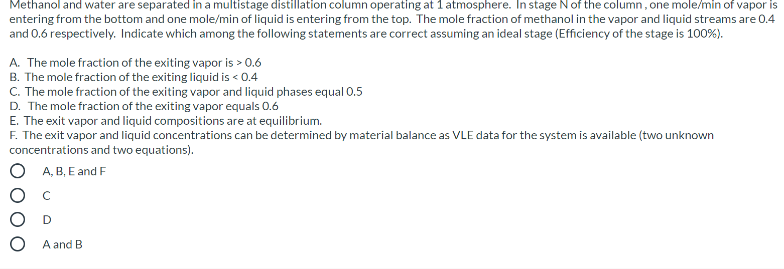Solved Methanol and water are separated in a multistage | Chegg.com