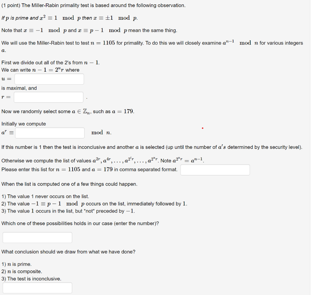 Solved (1 point) The Miller-Rabin primality test is based | Chegg.com
