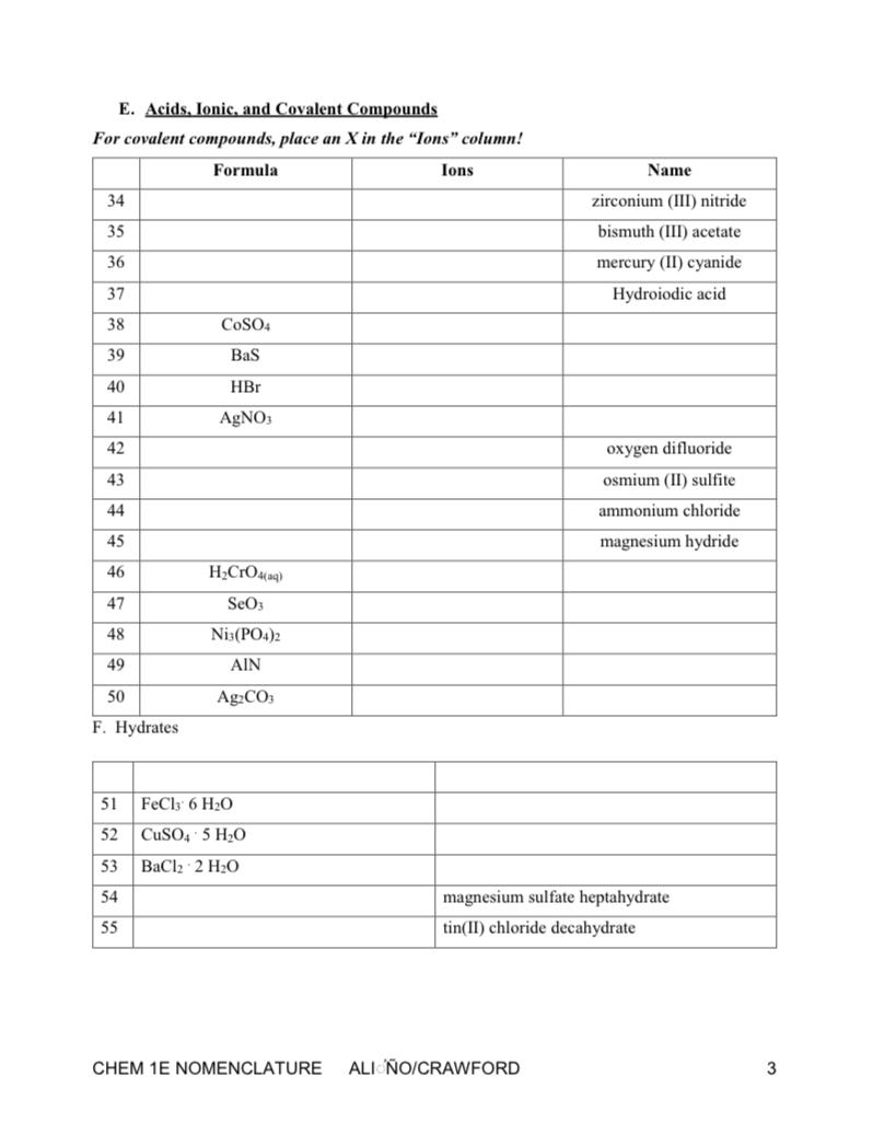 Solved CHEM 1E Nomenclature Lab Name: Lab Section Date: | Chegg.com