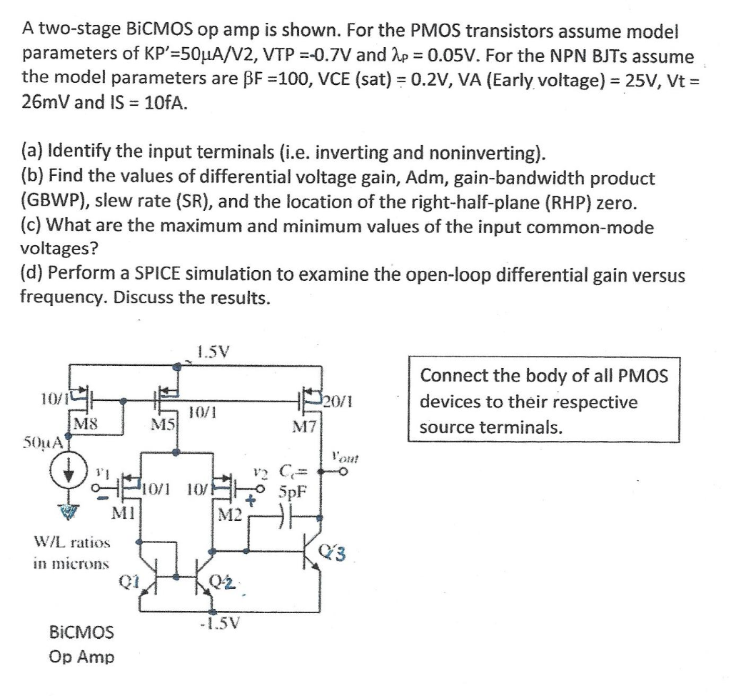 A two-stage BiCMOS op amp is shown. For the PMOS | Chegg.com