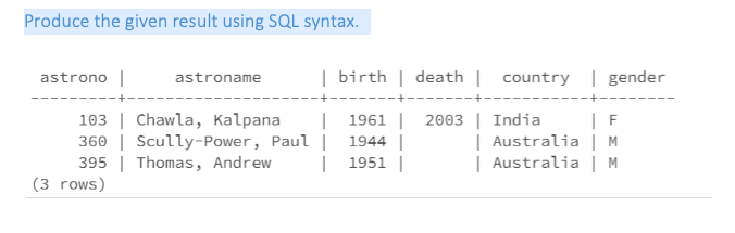 Solved Produce the given result using SQL syntax. astrono | Chegg.com