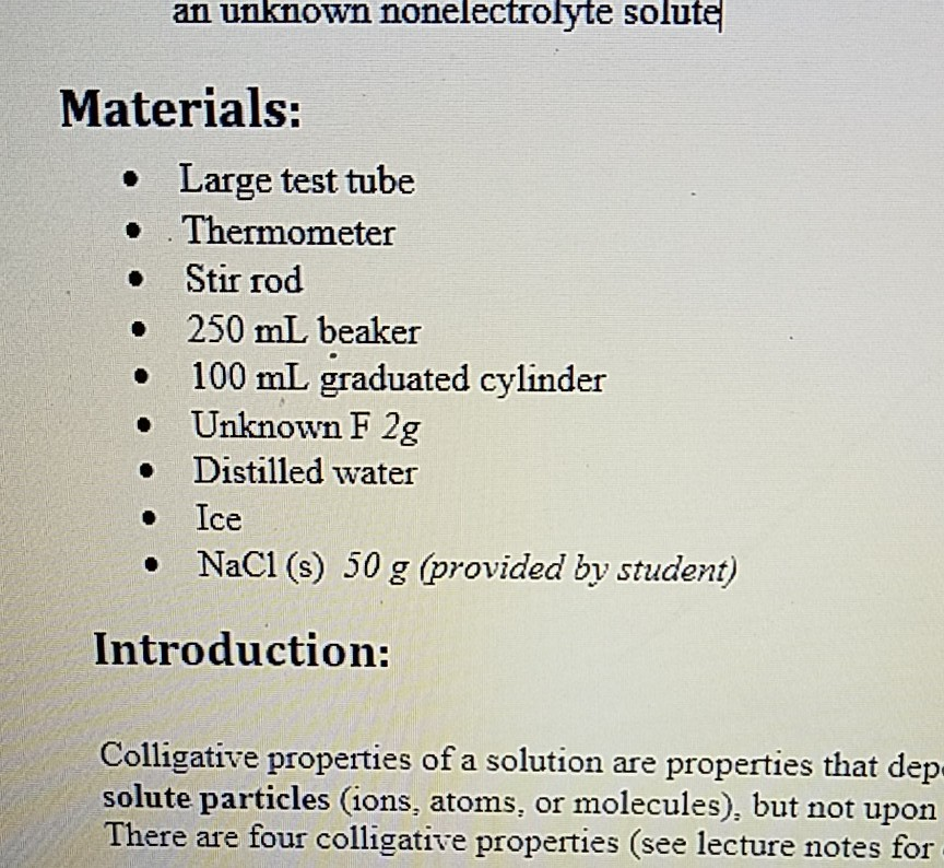 an unknown nonelectrolyte solute Materials: Large | Chegg.com
