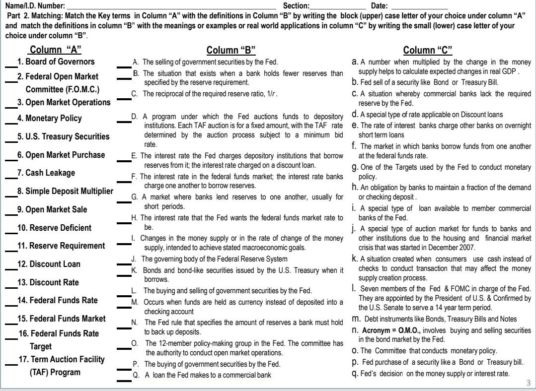 Solved Name/I.D. Number: Section: Date: Part 2. Matching: | Chegg.com