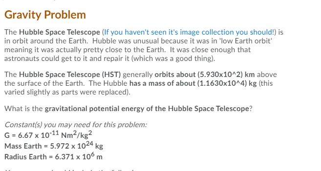 Solved Gravity Problem The Hubble Space Telescope (If you | Chegg.com