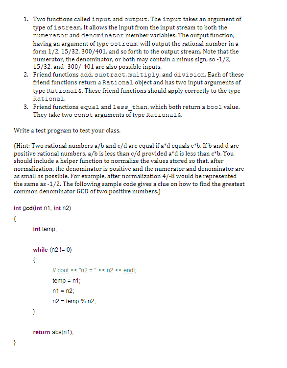 Solved Exercise 2: Define a class Rational for rational | Chegg.com