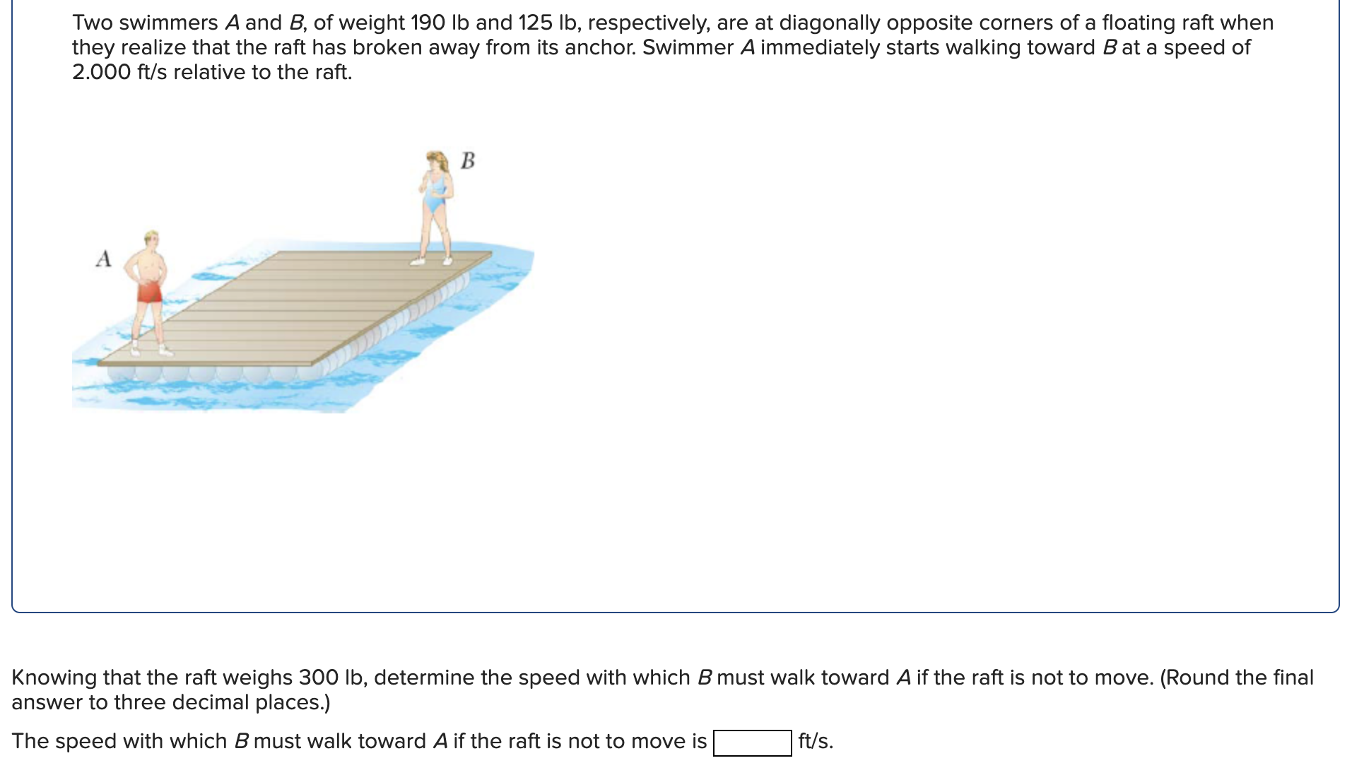 Solved Two swimmers A and B, ﻿of weight 190 ﻿lb and 125 ﻿lb | Chegg.com
