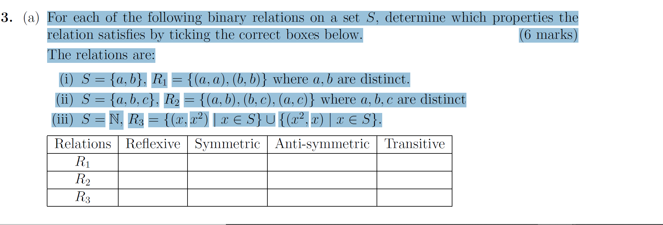 Solved 3 A For Each Of The Following Binary Relations On 