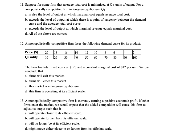 Solved 11 Suppose For Some Firm That Average Total Cost Is Chegg