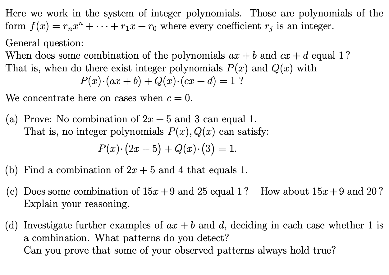 Solved Here we work in the system of integer polynomials. | Chegg.com