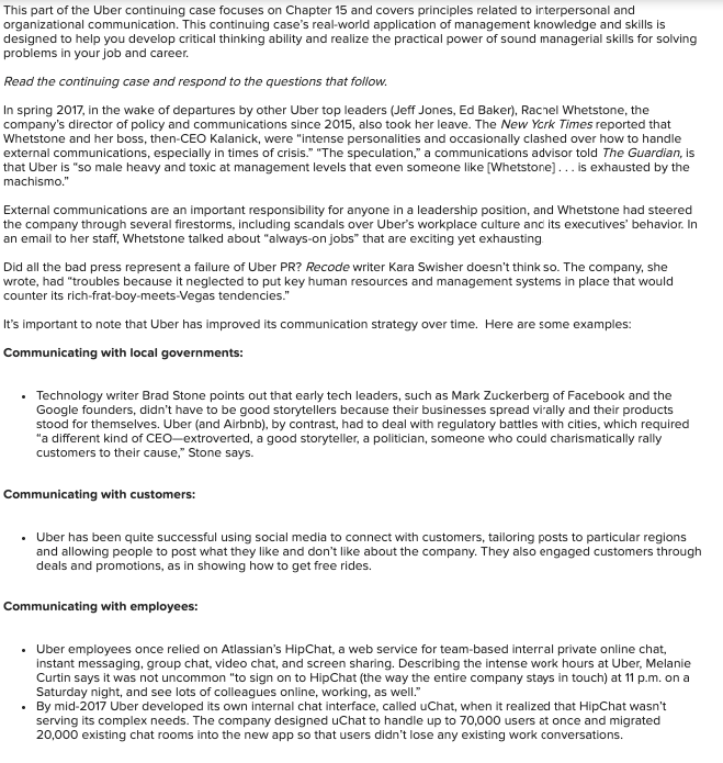 Solved This part of the Uber continuing case focuses on | Chegg.com