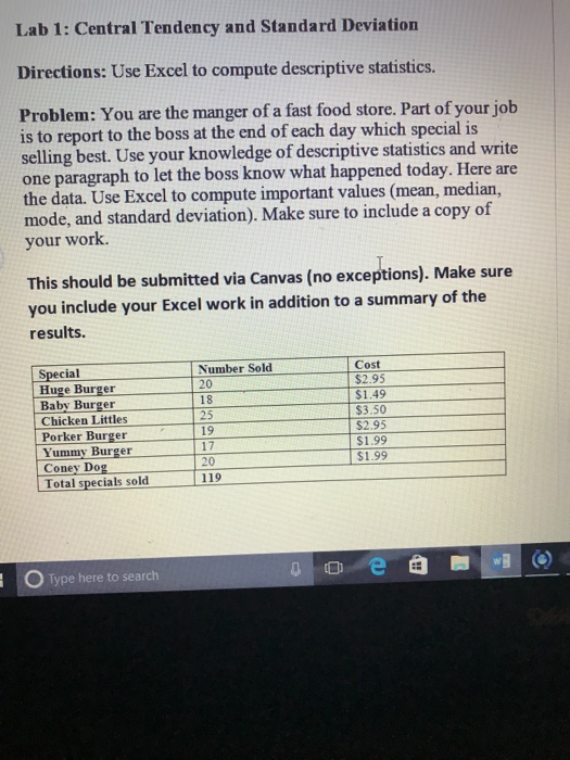 Solved Lab 1: Central Tendency and Standard Deviation | Chegg.com