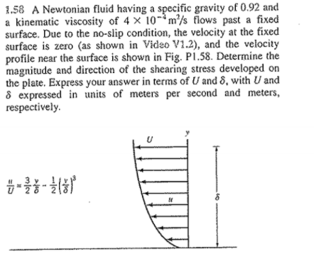 Solved 1.58 A Newtonian fluid having a specific gravity of | Chegg.com