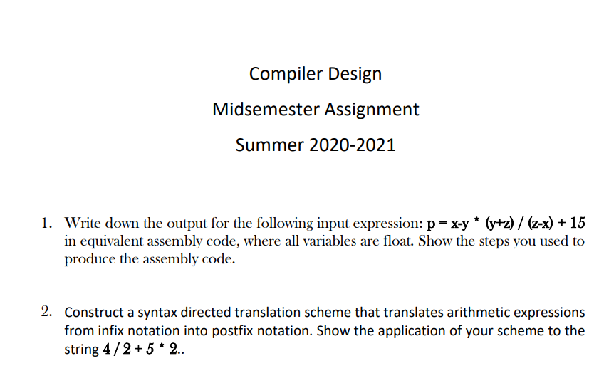 Compiler Design Midsemester Assignment Summer | Chegg.com